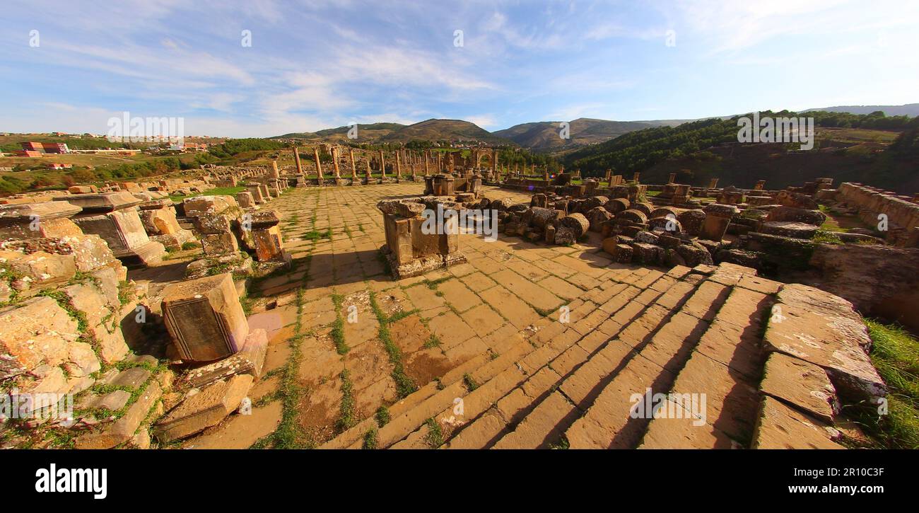 Roman ruins of Djemila, Algeria. Forum panorama Stock Photo - Alamy