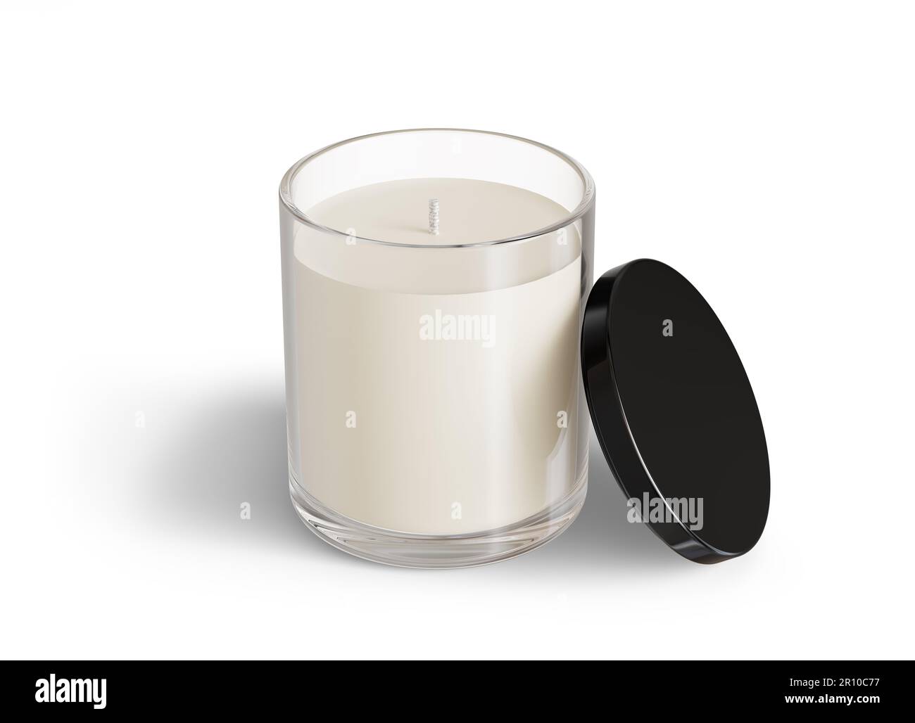 Minimalist candle mockup, clear glass candle jar with glossy black lid open design-ready 3D ...