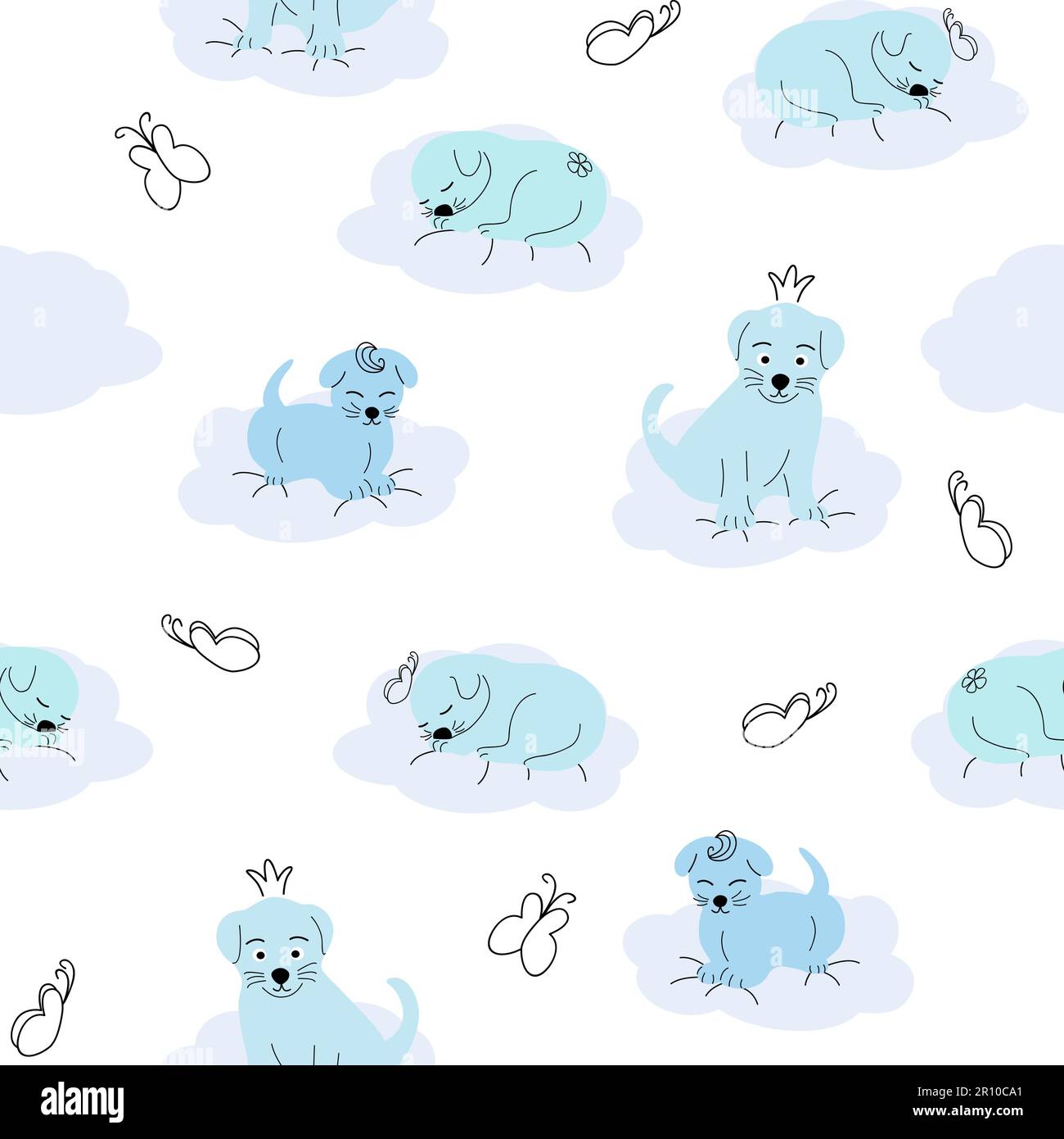 Cute sleeping puppy, clouds, stars, crown, butterflies Seamless pattern ...