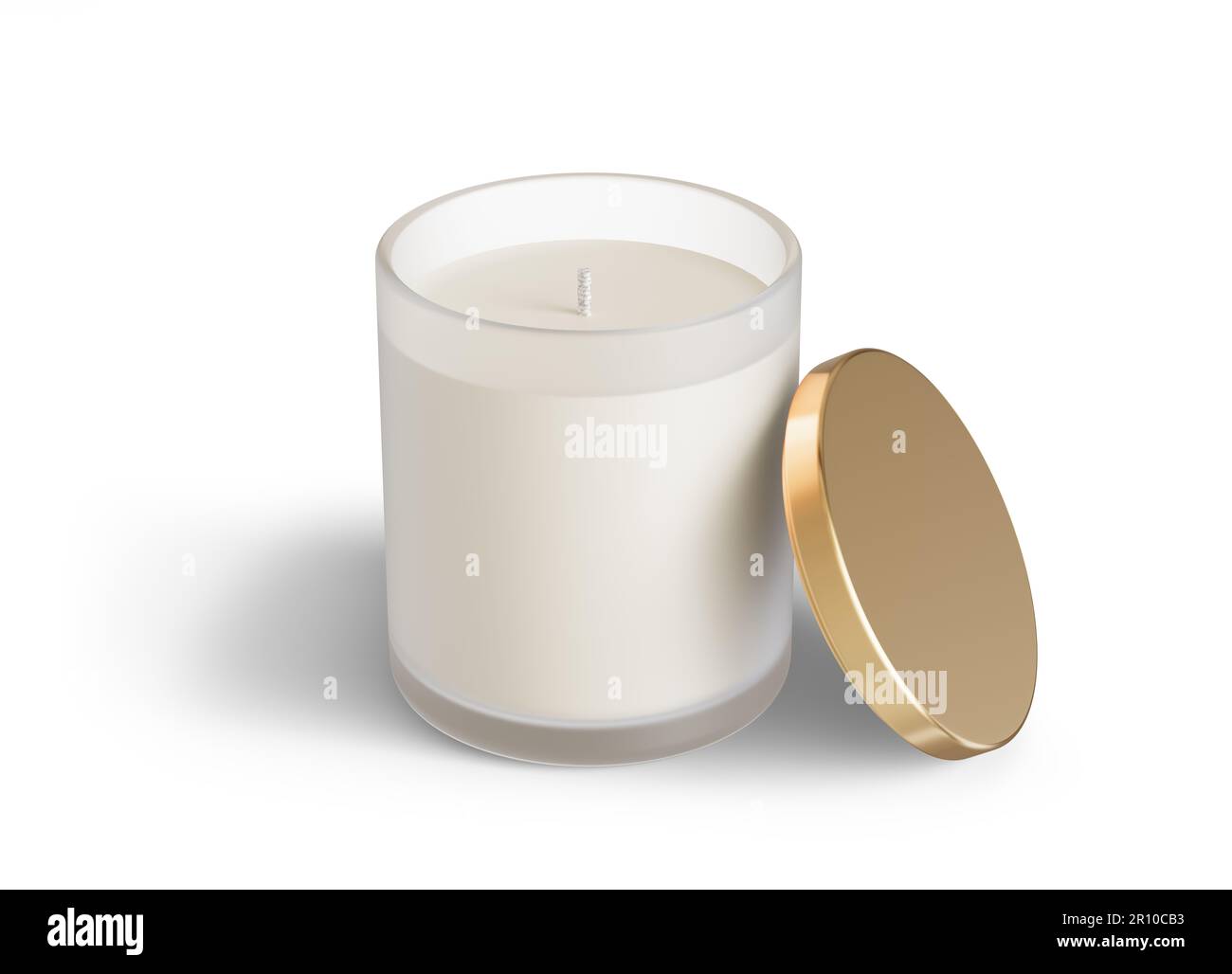Minimalist candle mockup, frosted glass candle jar with golden lid open ...