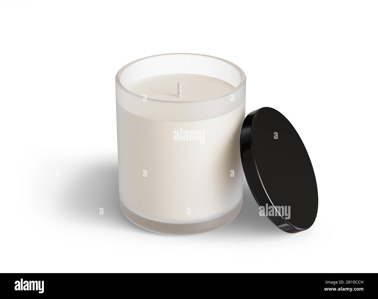 Minimalist candle mockup, frosted glass candle jar with glossy black lid open design-ready 3D ...
