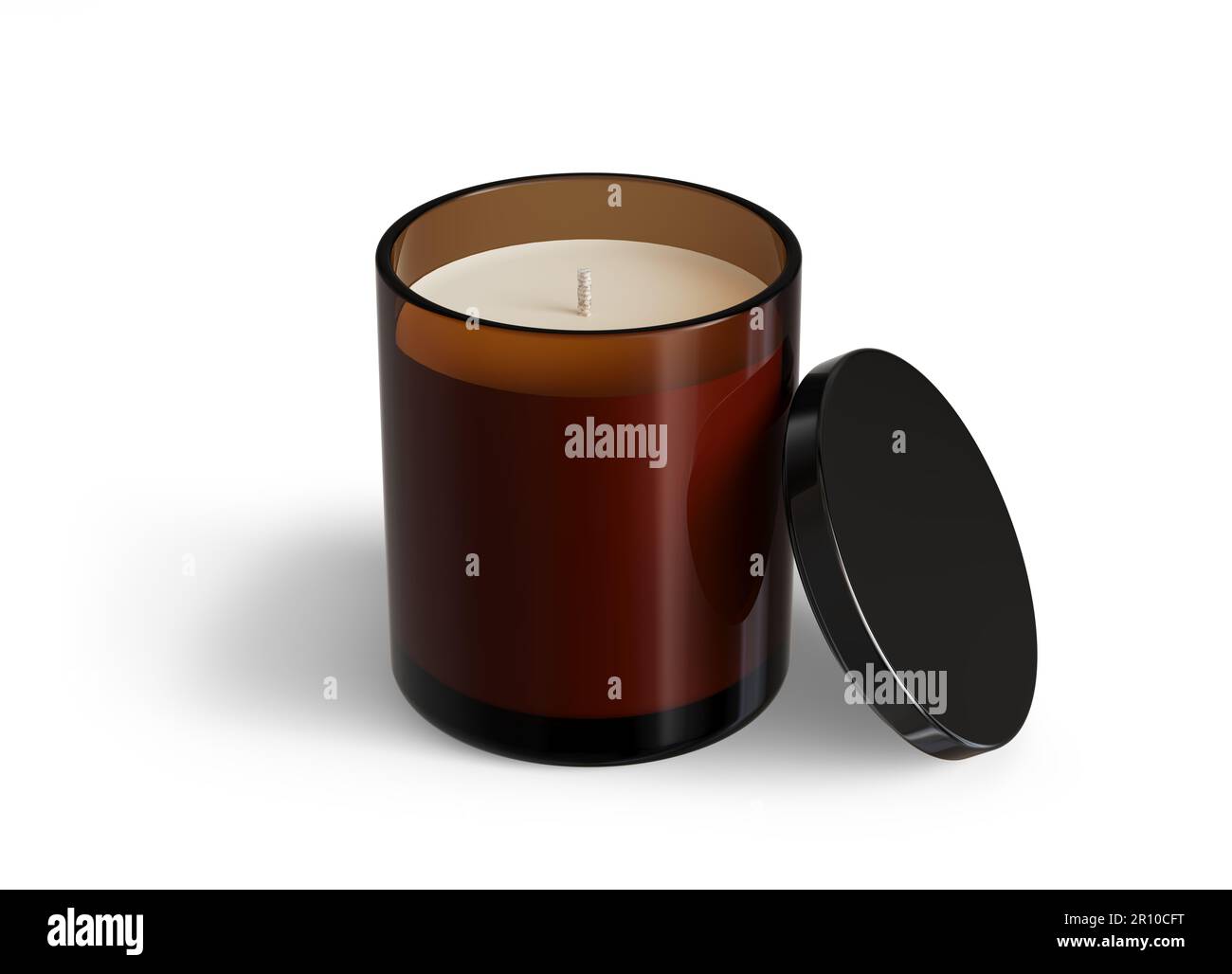 Minimalist candle mockup, amber glass candle jar with glossy black lid open design-ready 3D ...
