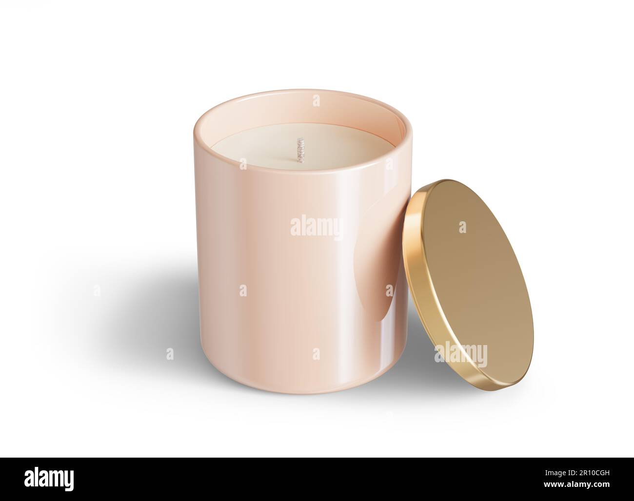 Minimalist candle mockup, beige ceramic candle jar with golden lid open ...
