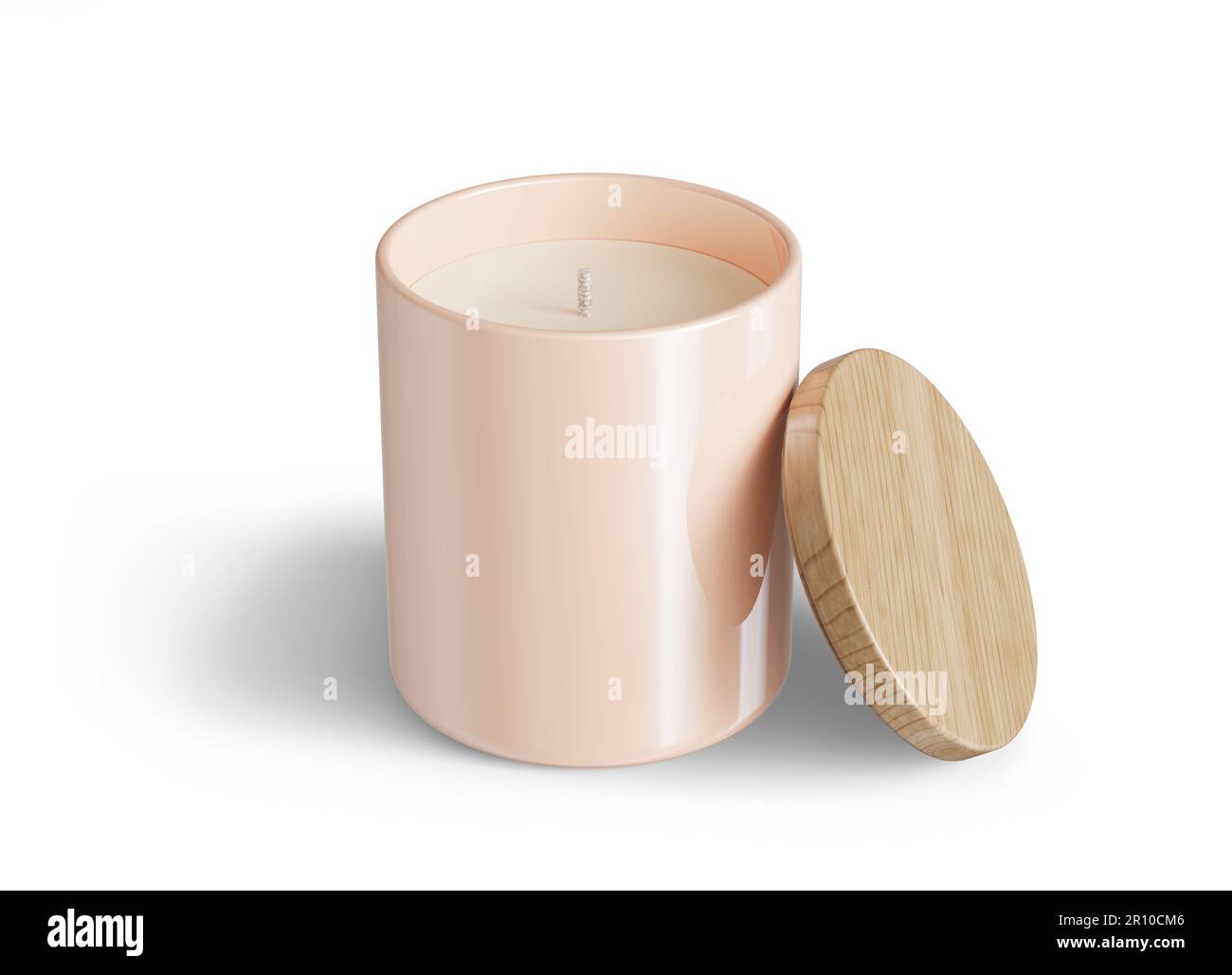 Minimalist candle mockup, beige ceramic candle jar with wooden lid open design-ready 3D render ...
