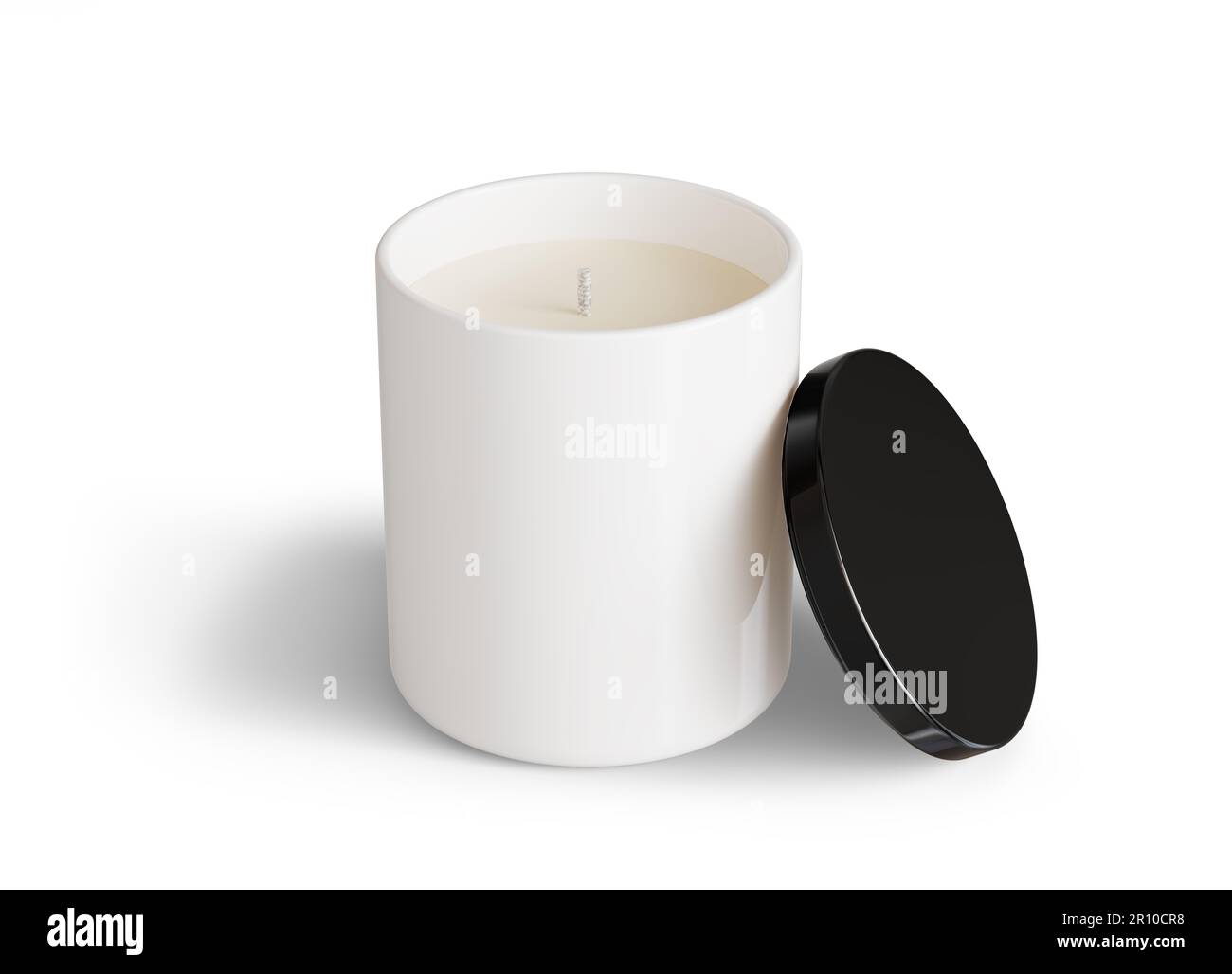 Minimalist candle mockup, white ceramic candle jar with glossy black lid open design-ready 3D ...