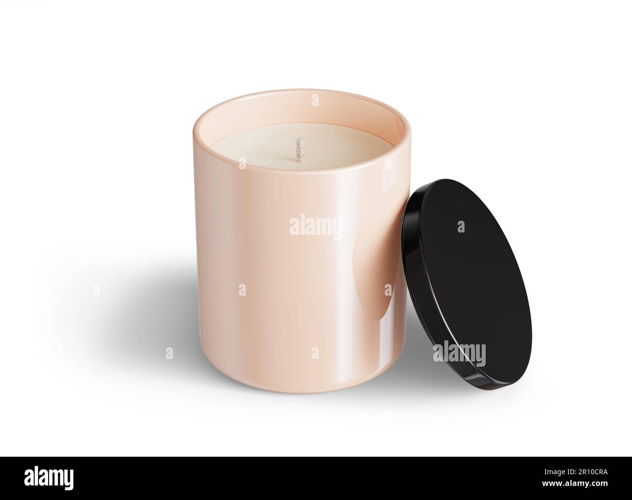 Minimalist candle mockup, beige ceramic candle jar with glossy black lid open design-ready 3D ...
