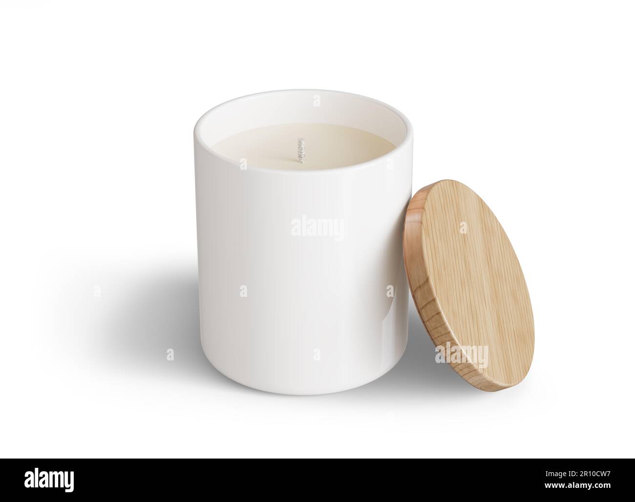 Minimalist candle mockup, white ceramic candle jar with wooden lid open design-ready 3D render ...