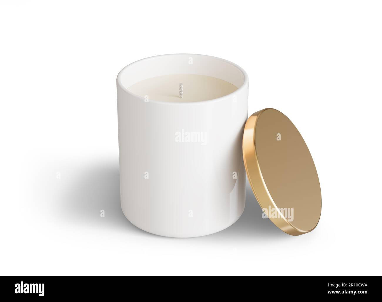 Minimalist candle mockup, white ceramic candle jar with gold lid open design-ready 3D render ...