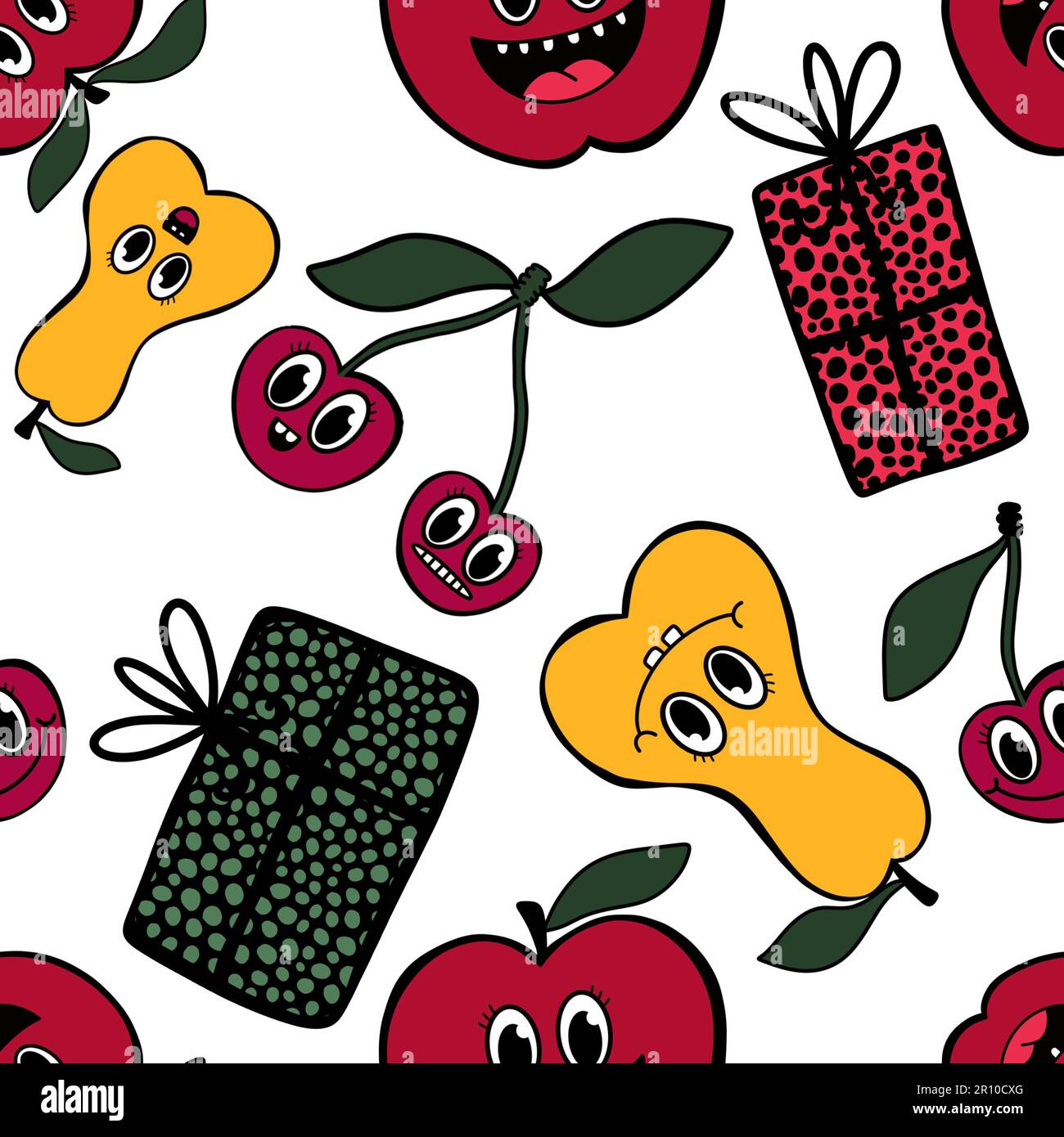 Retro cartoon fruit seamless apples and cherry and pears and gift box ...