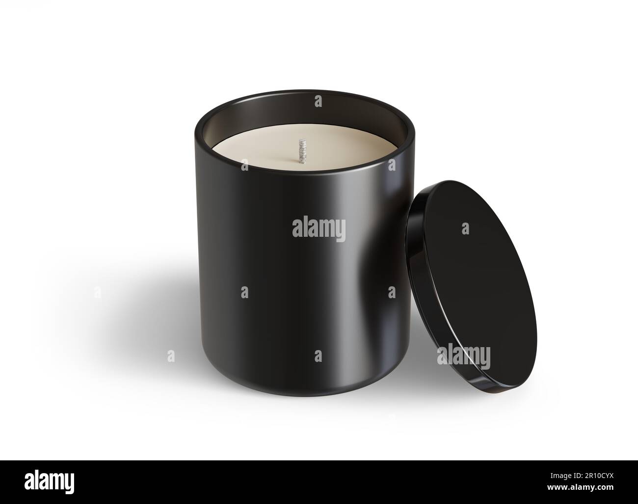 Minimalist candle mockup, black ceramic candle jar with glossy black lid open design-ready 3D ...