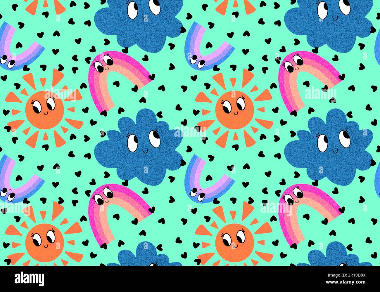 Retro summer cartoon seamless sun and rainbow and clouds pattern for ...