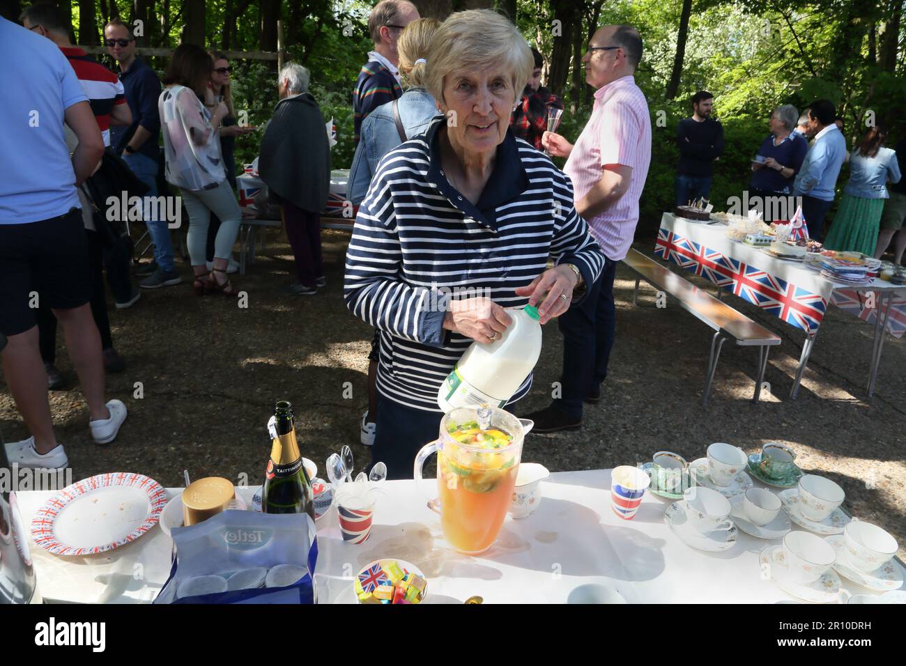 Elderly Woman Making Tea at Street Party Celebrating King Charles III ...