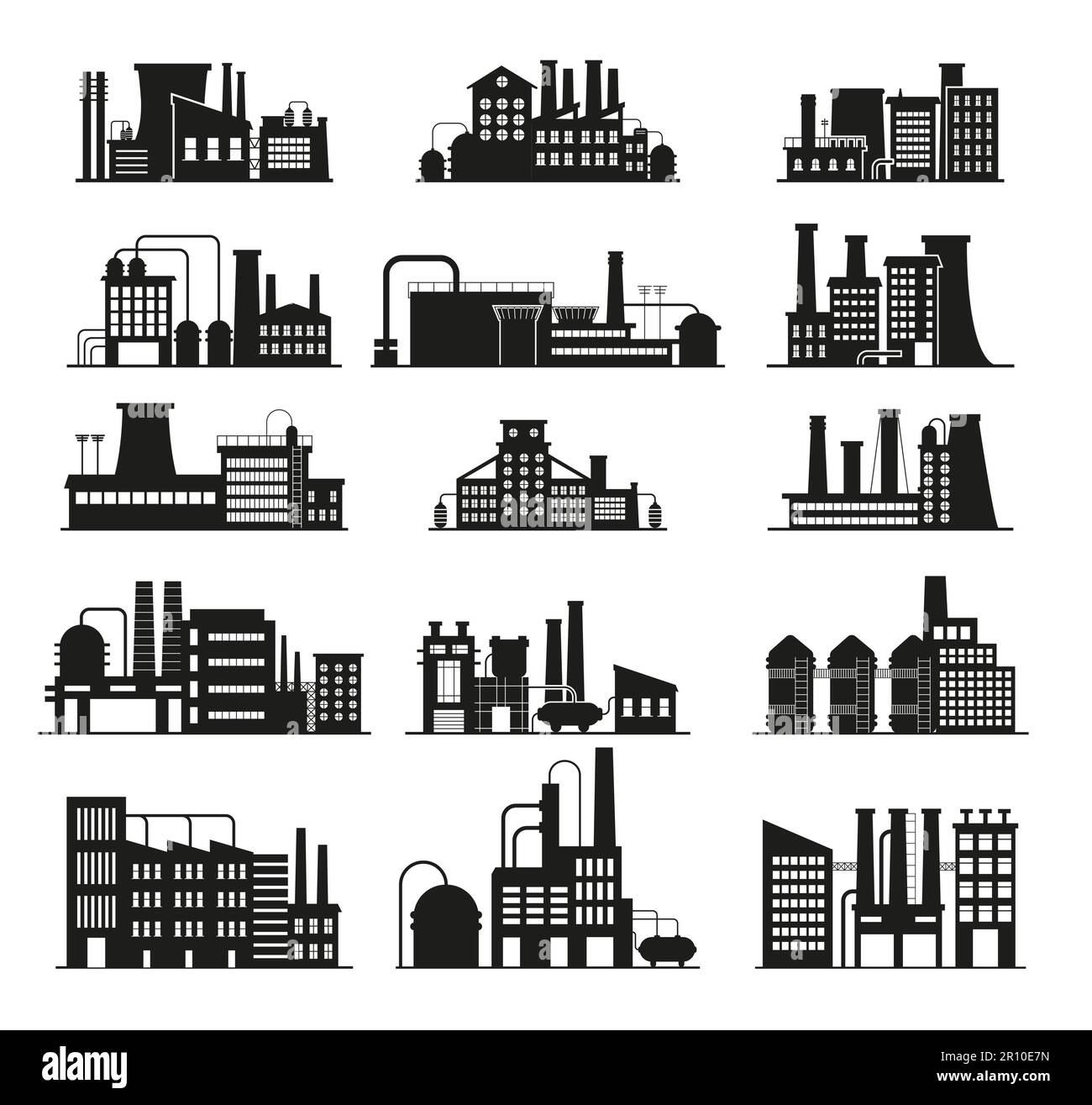 Manufactury, factory and plants vector set. Business buildings. Oil ...