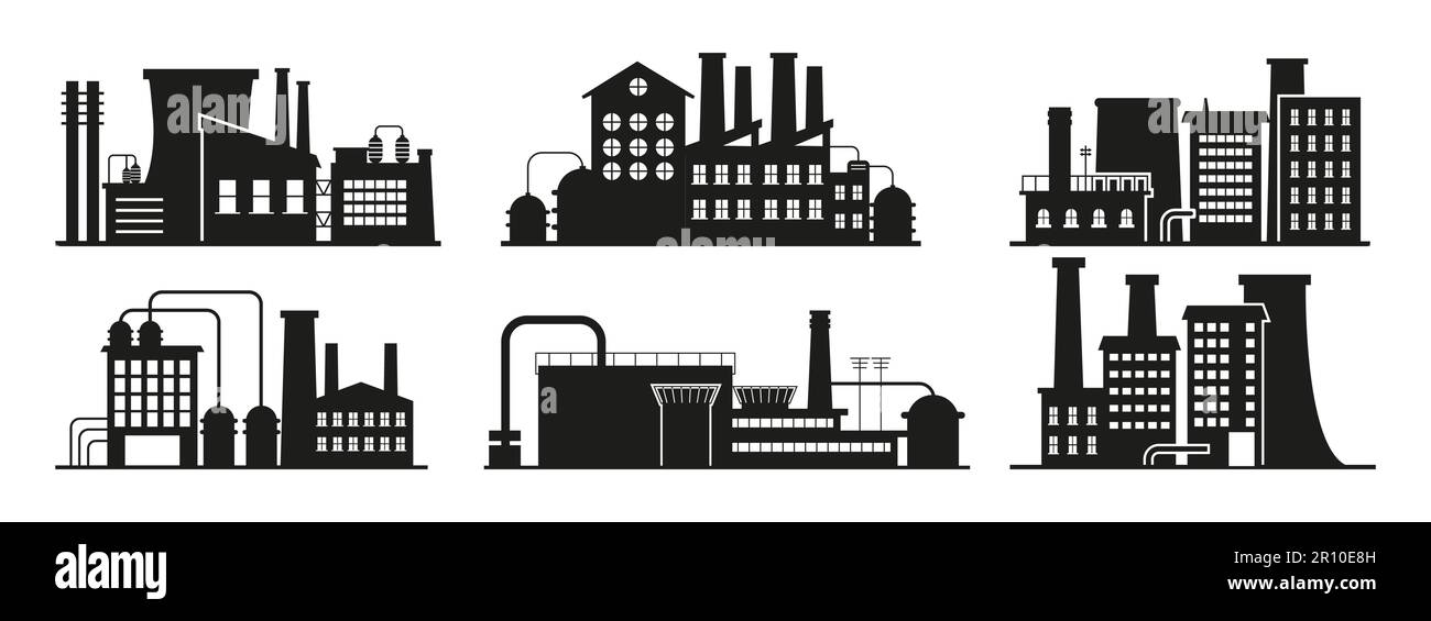 Manufactury, factory and plants vector set. Business buildings. Oil ...