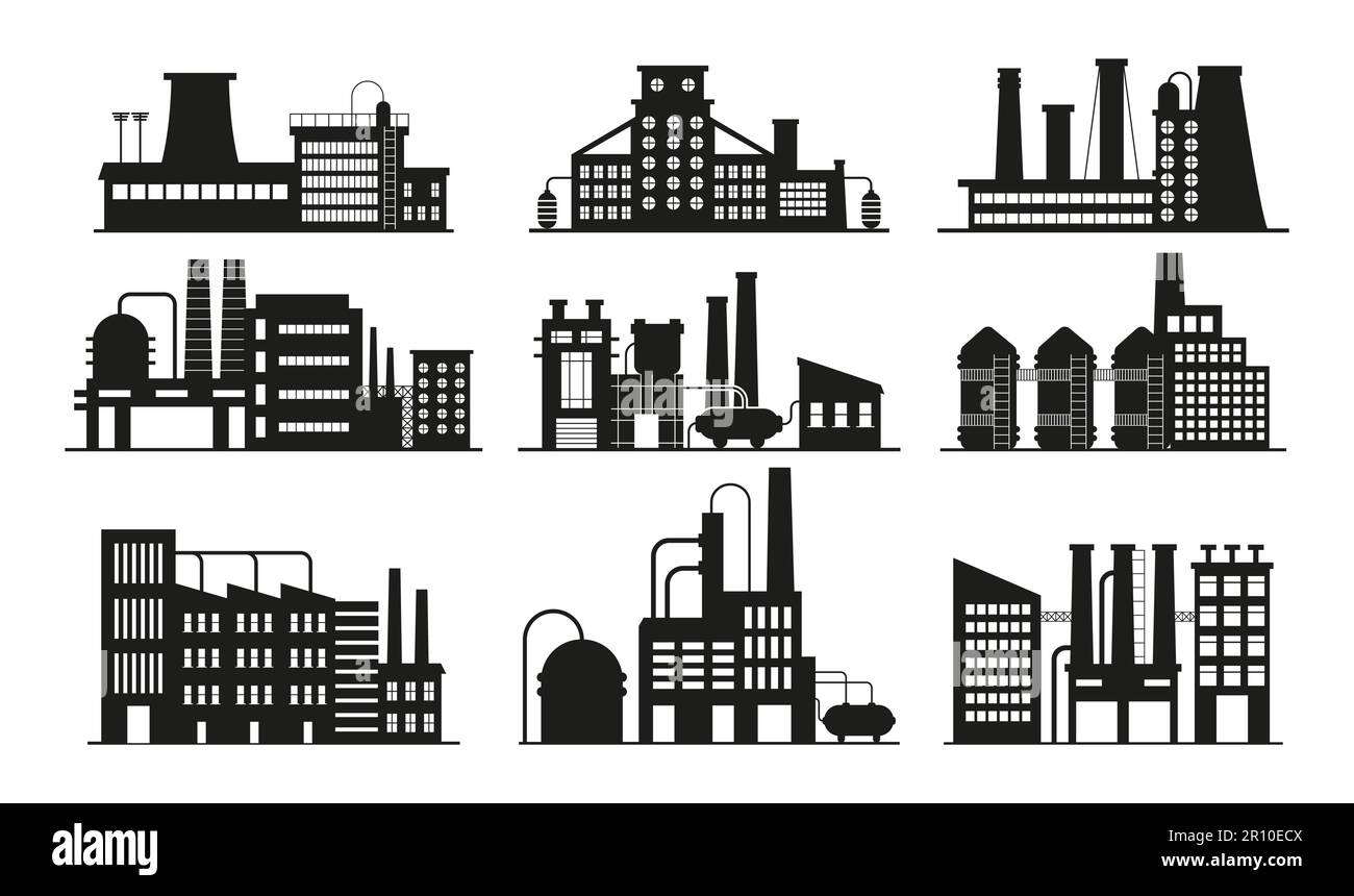 Manufactury, factory and plants vector set. Business buildings. Oil ...