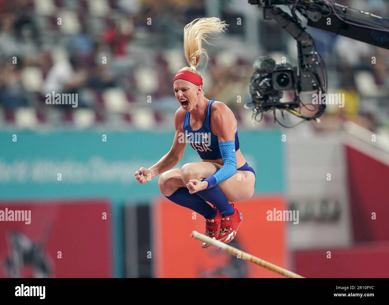 Sandi Morris participating in the pole vault at the Doha 2019 World ...