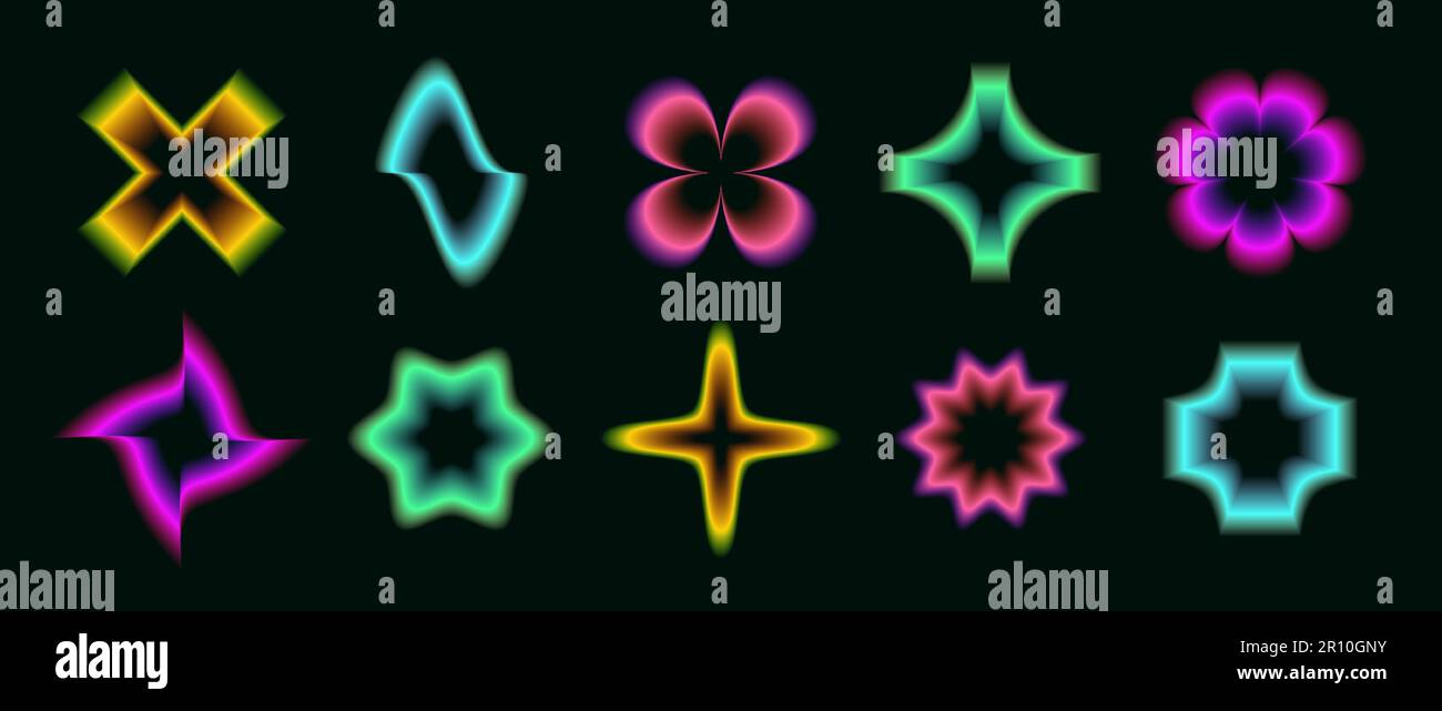 Y2k neon gradient flowers, stars, waves, crosses set. Blurred aura of ...