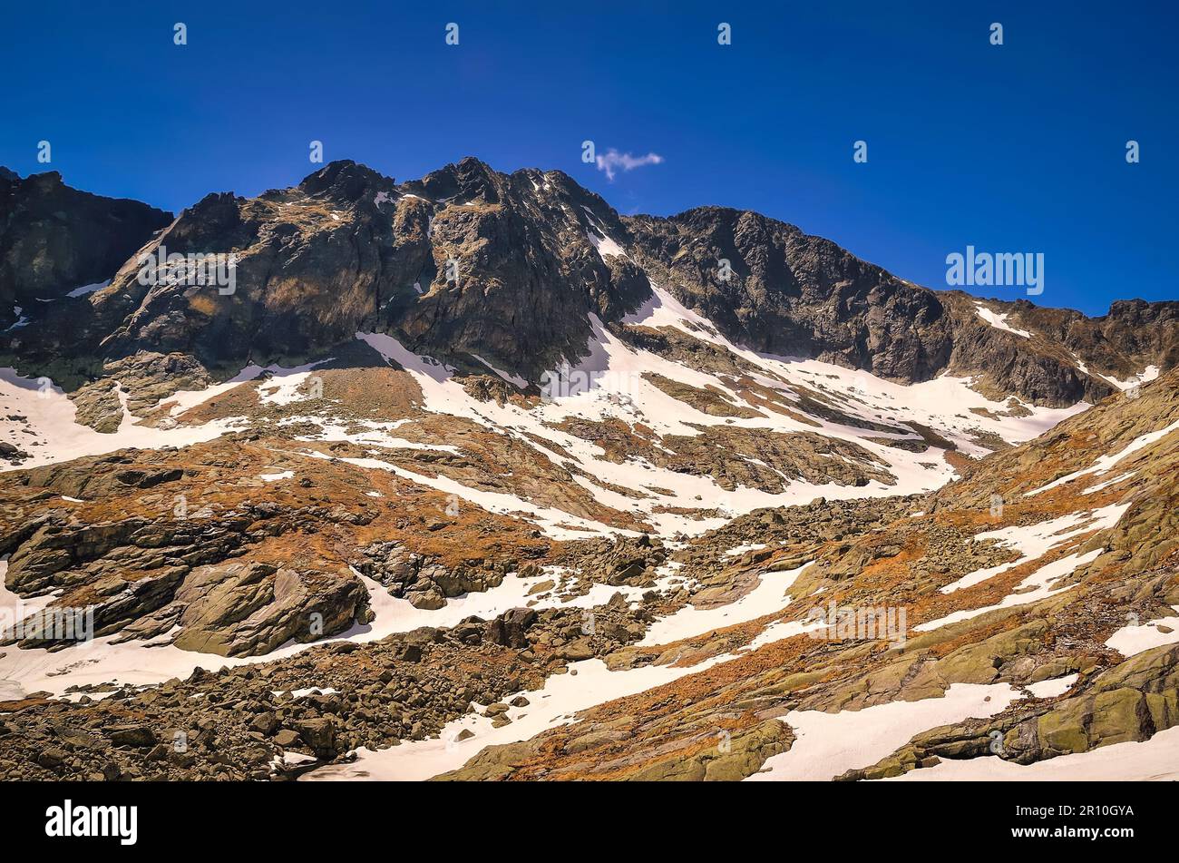 Early spring mountain landscape. Picturesque view stretches over frozen ...