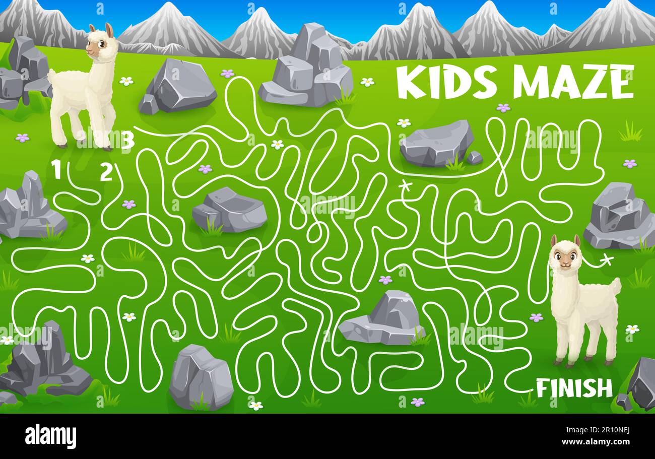 Labyrinth maze help the llama alpaca find the friend. Kids vector board ...