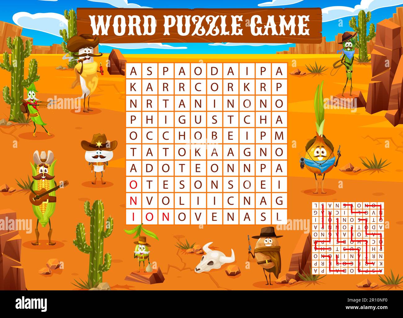 Word search puzzle game, cartoon cowboy, sheriff, Indian and bandit ...