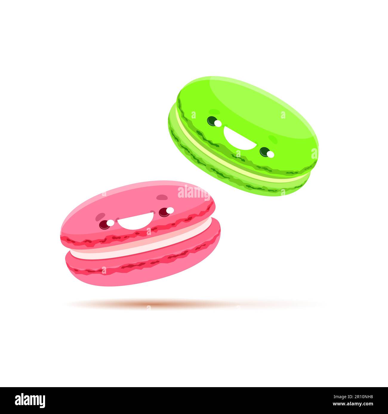 Cartoon green and pink macaron characters. French macaroon cake vector ...