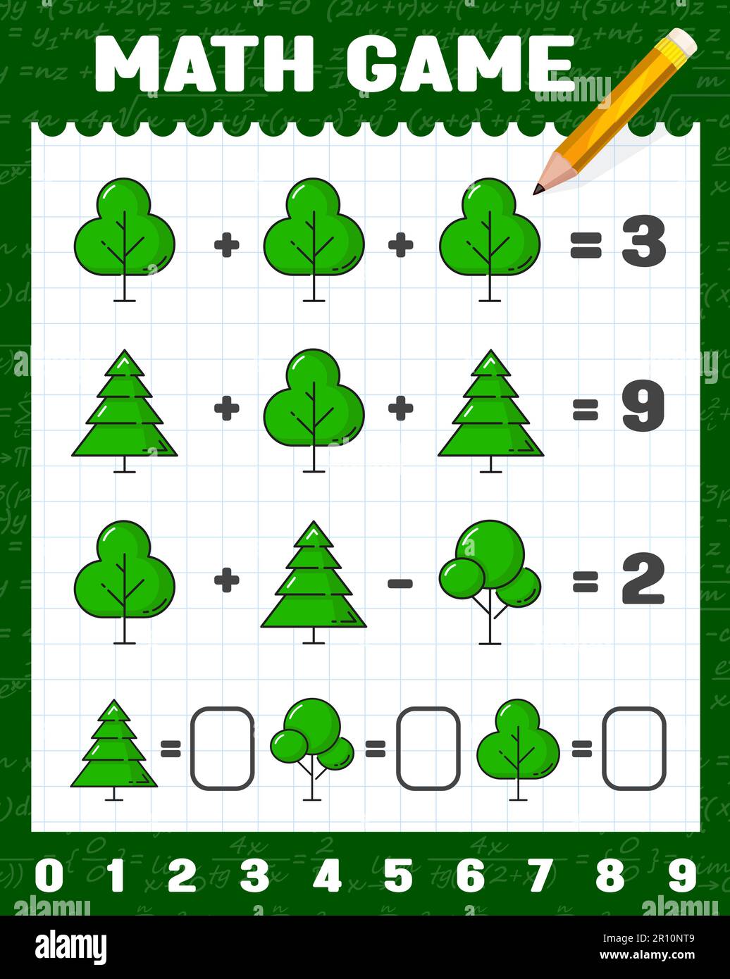 Green forest trees math game worksheet. Vector mathematics riddle with ...