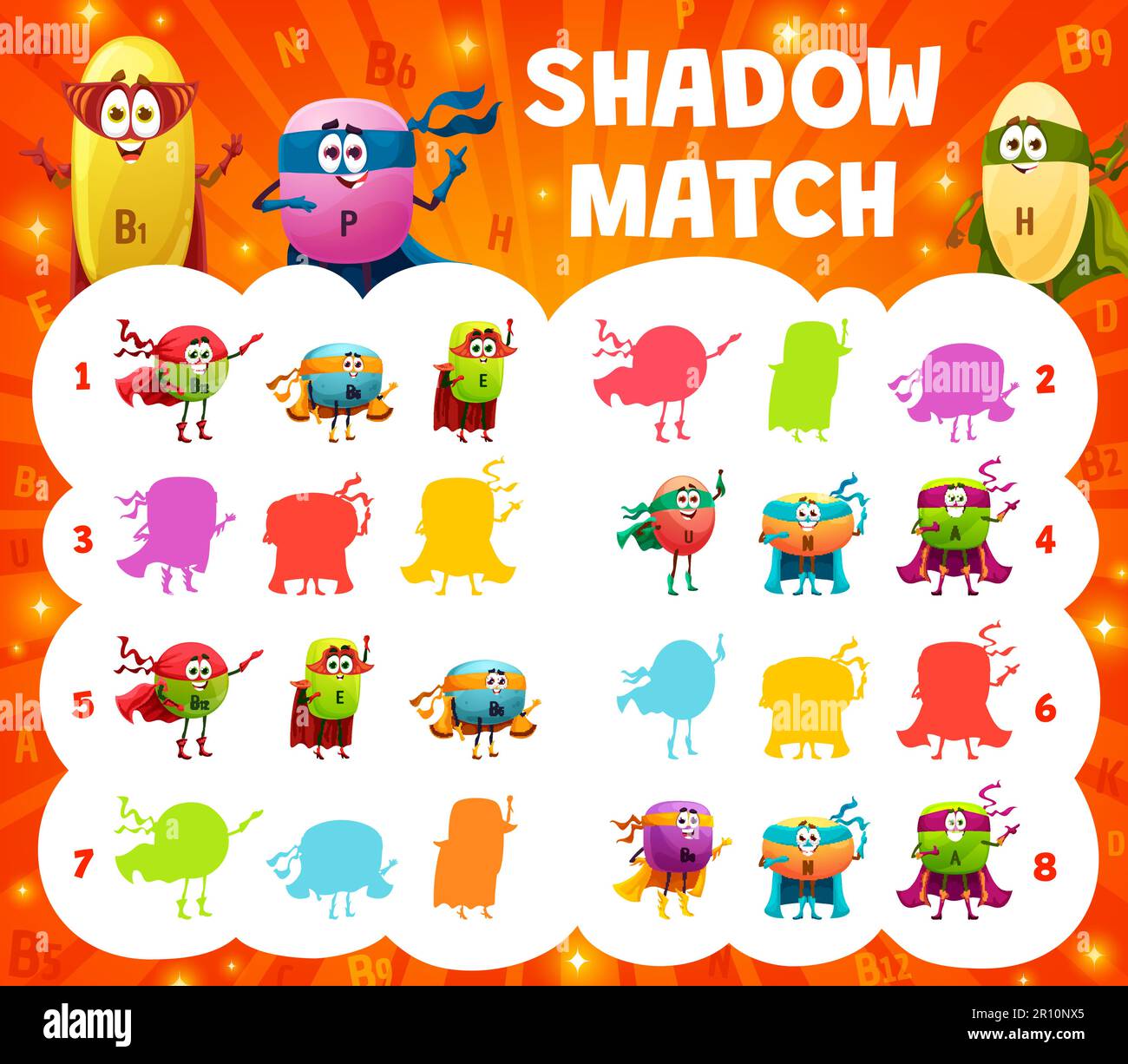 Shadow match game. Cartoon cheerful superhero vitamin characters ...
