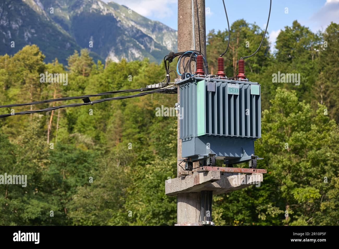 Electric line with transformer Stock Photo - Alamy