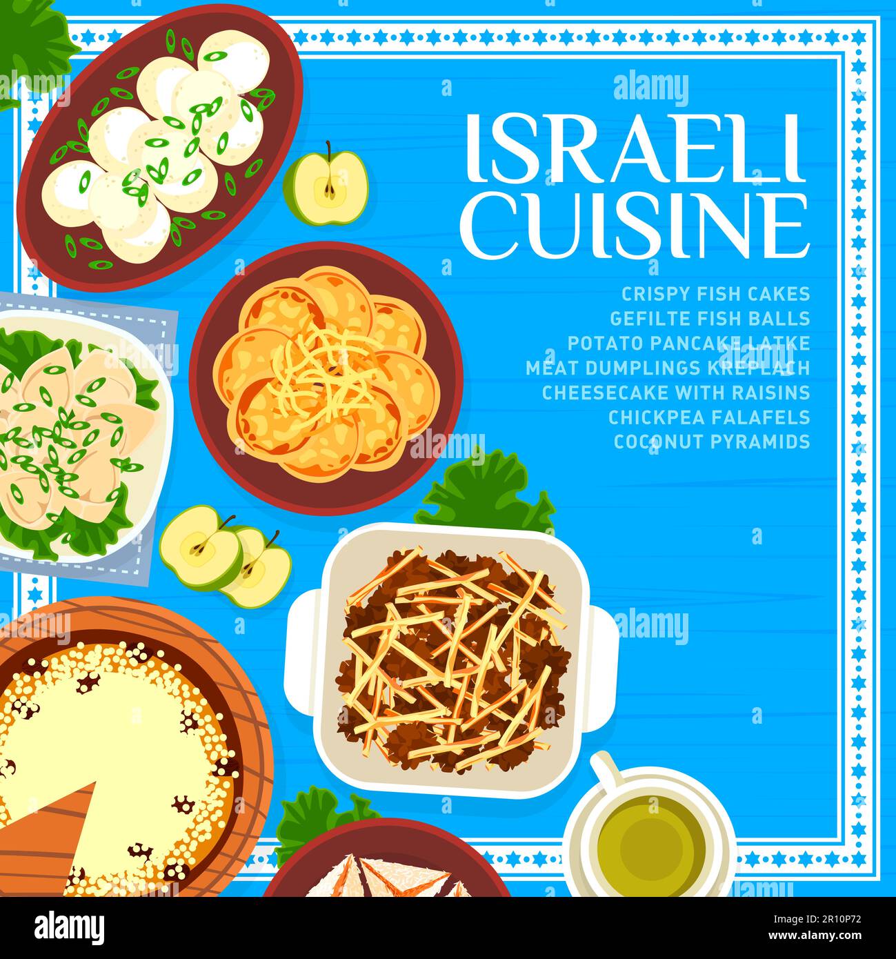Israeli cuisine restaurant menu cover page. Chickpea falafels, potato ...
