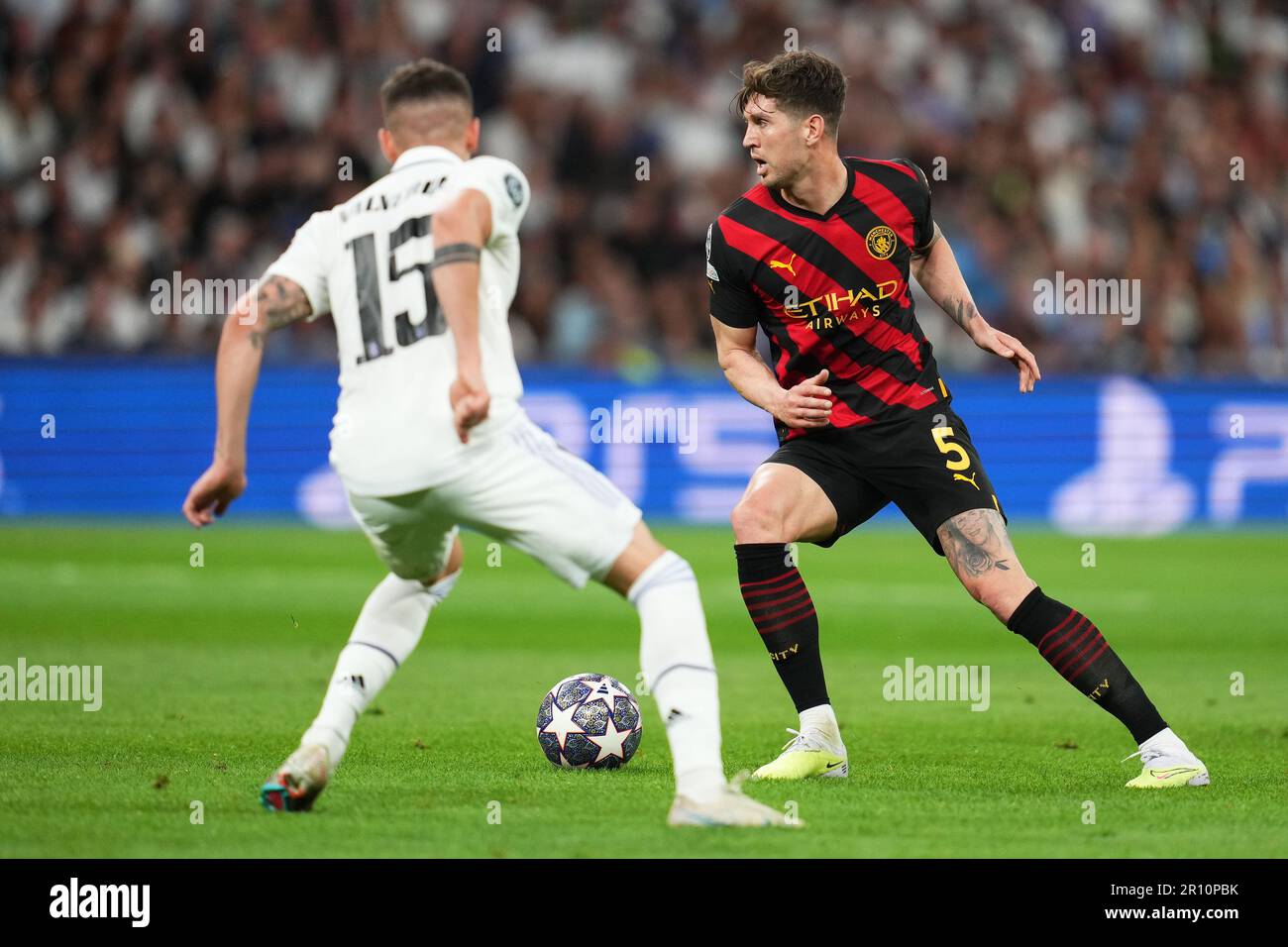 Madrid, Spain. May 9, 2023, John Stones of Manchester City and Fede ...