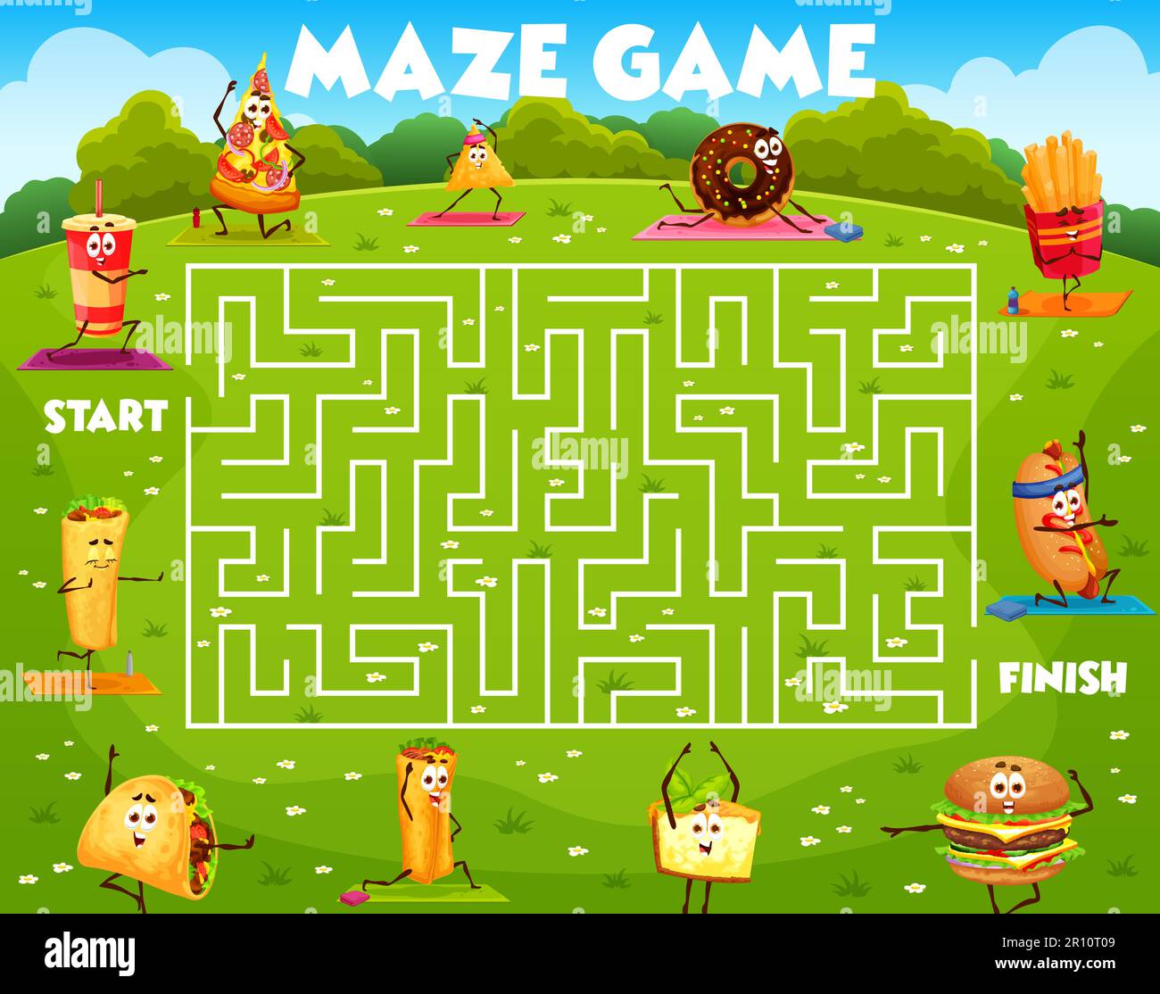 Labyrinth maze game, cartoon fast food yoga characters, vector ...