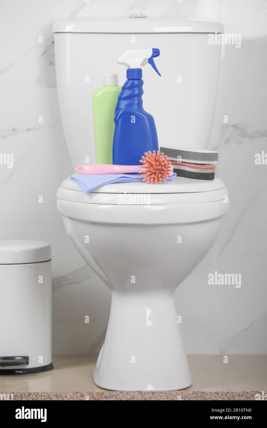 Cleaning supplies on toilet bowl in bathroom Stock Photo - Alamy