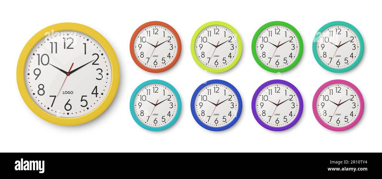 Vector 3d Realistic Round Different Color Clock Set. Wall Office Clock ...