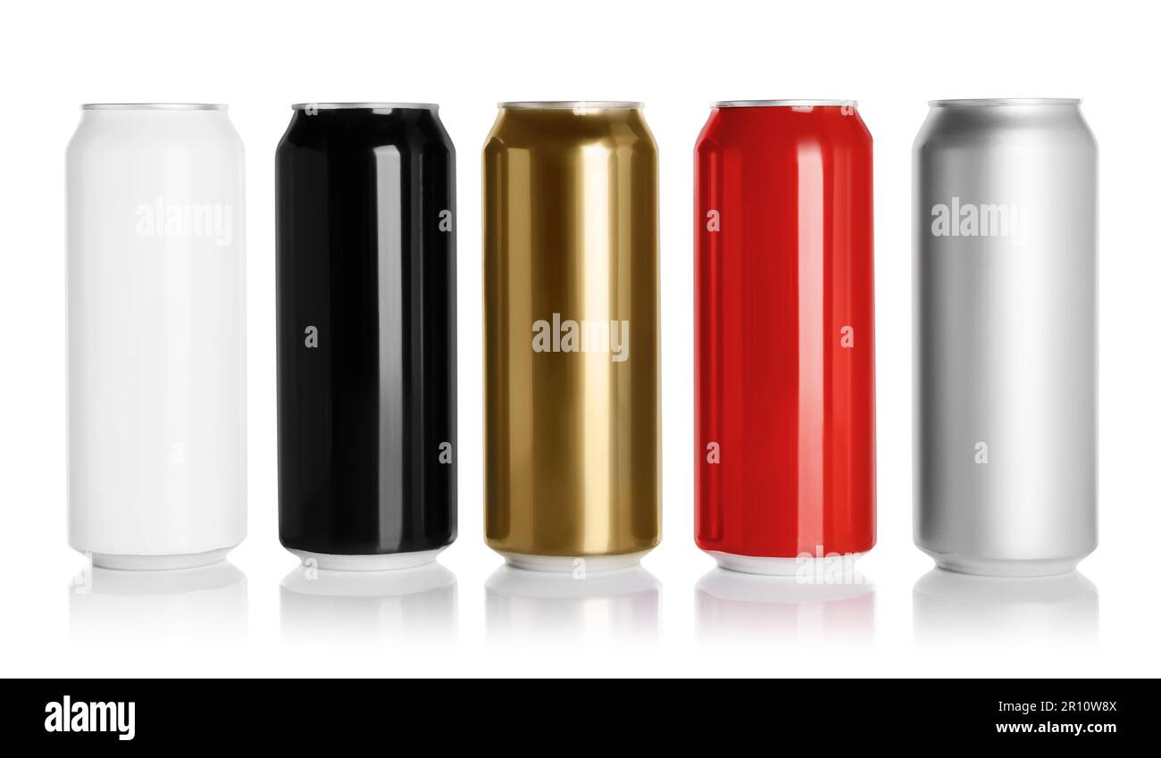 Set of aluminum cans with drinks on white background Stock Photo - Alamy