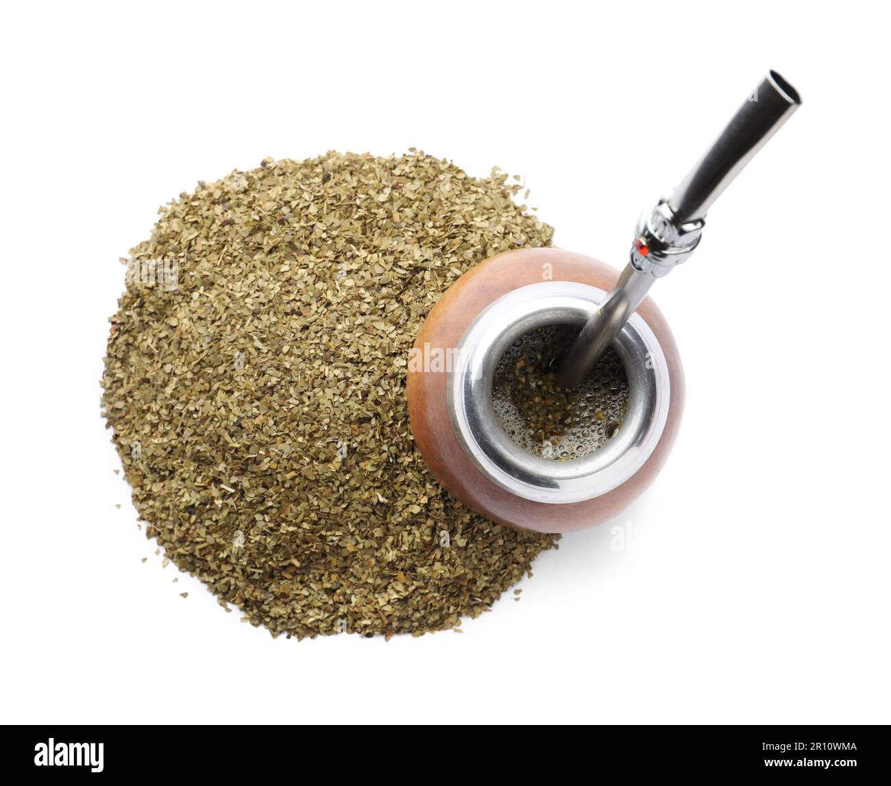Calabash with mate tea and bombilla on white background, top view Stock ...