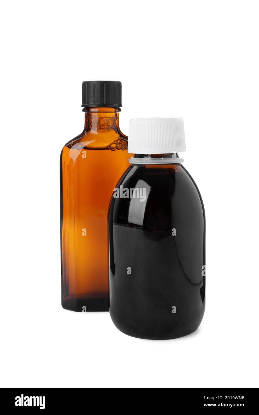 Bottles of syrups on white background. Cough and cold medicine Stock ...