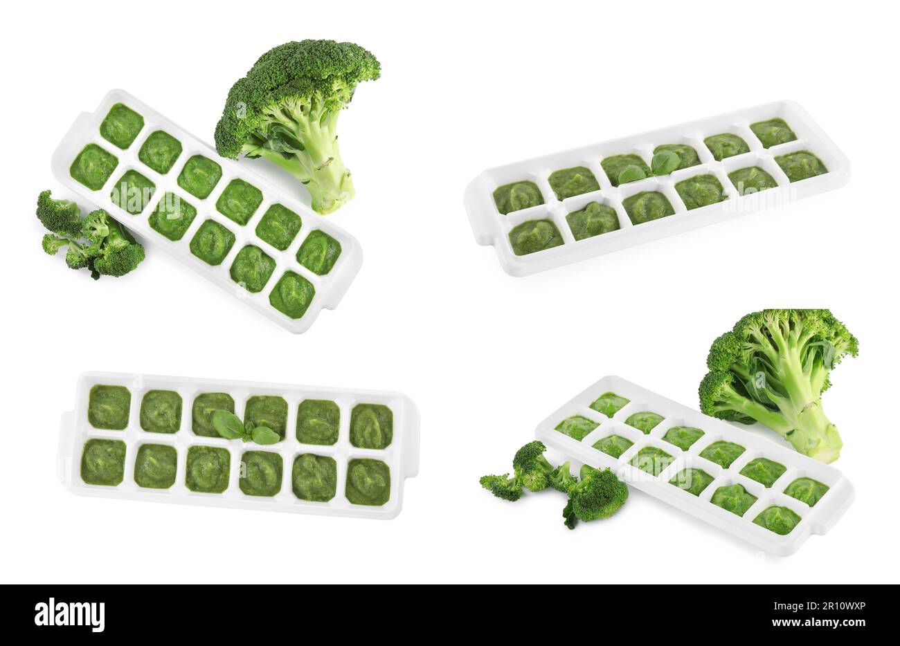 Set with frozen broccolis puree in ice cube trays and ingredients on ...