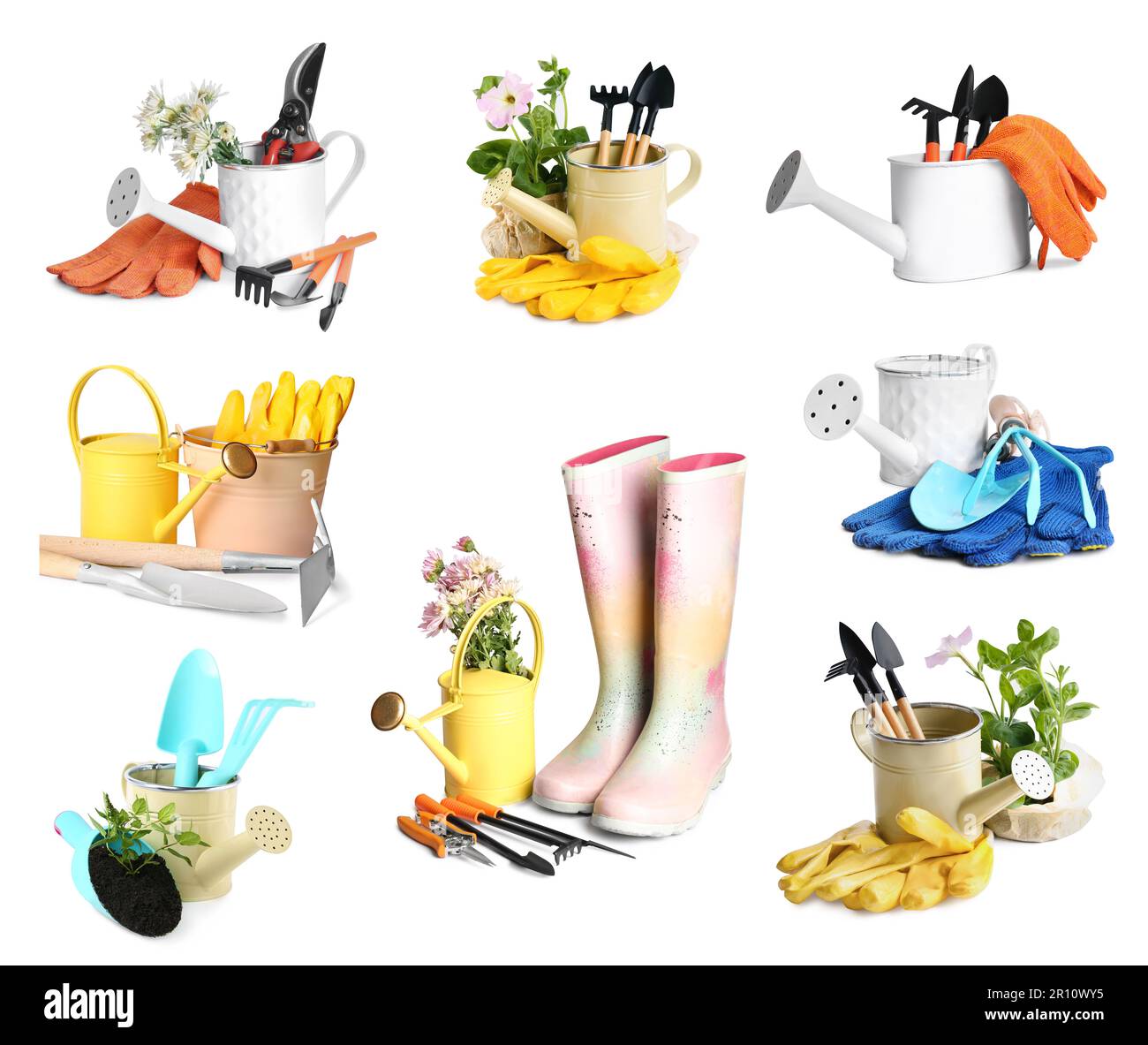 Set with watering cans and different gardening tools on white ...