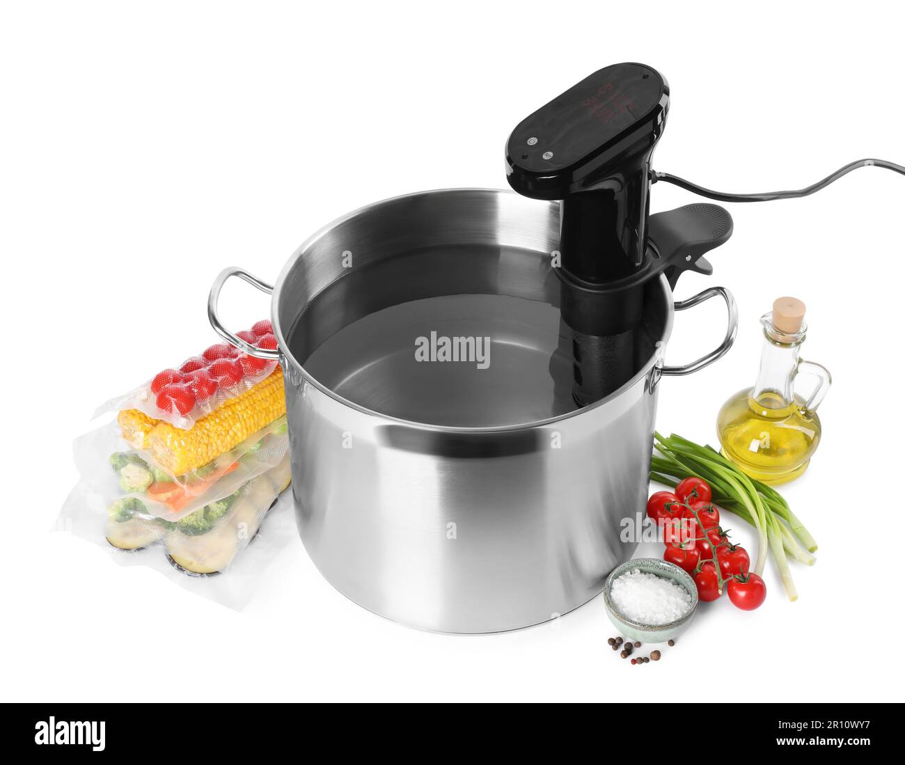 Thermal immersion circulator in pot and ingredients on white background ...