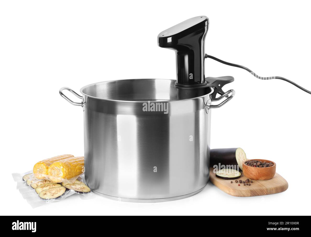 Thermal immersion circulator in pot and ingredients on white background ...