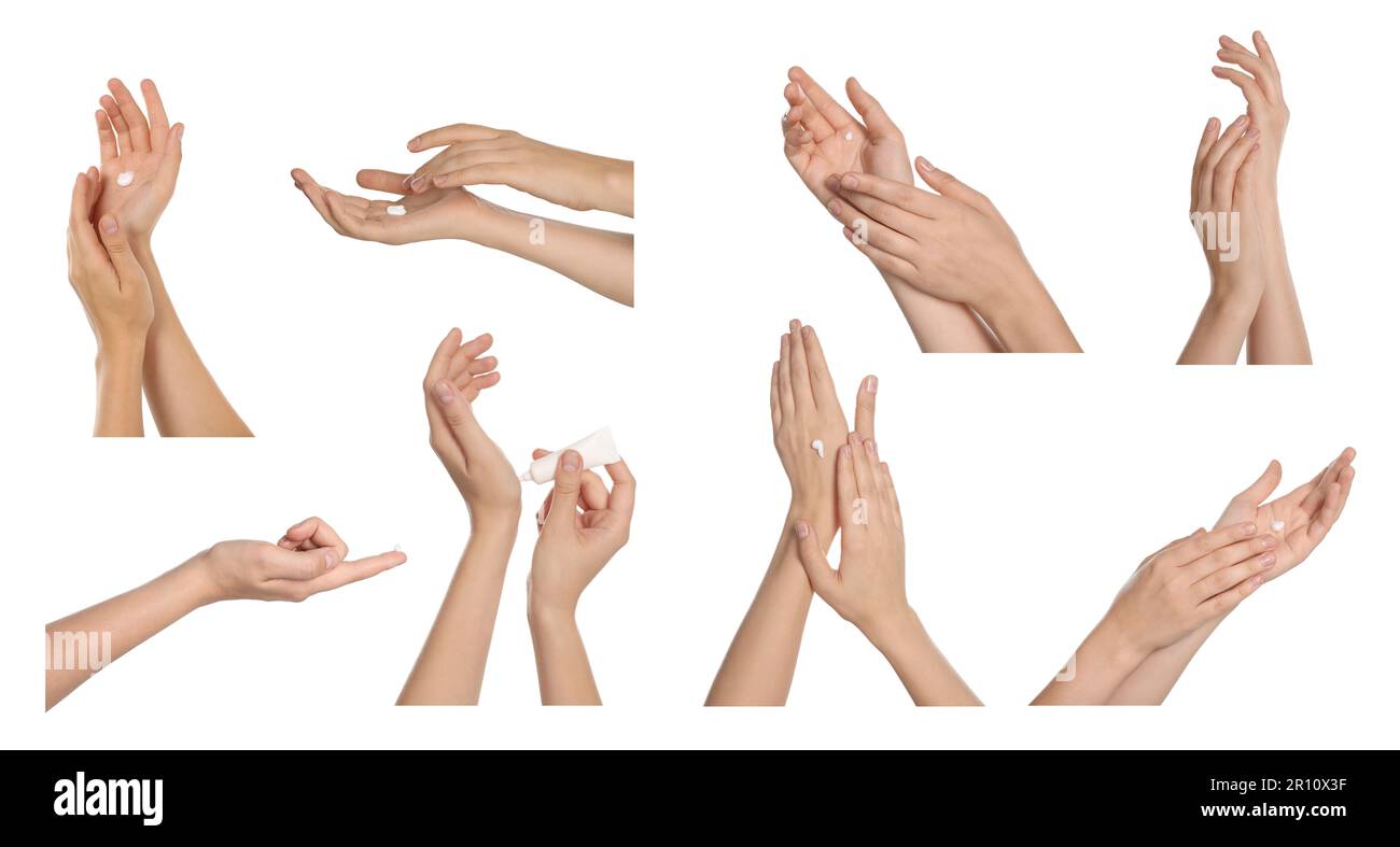 Collage with photos of women applying cream on hands against white ...