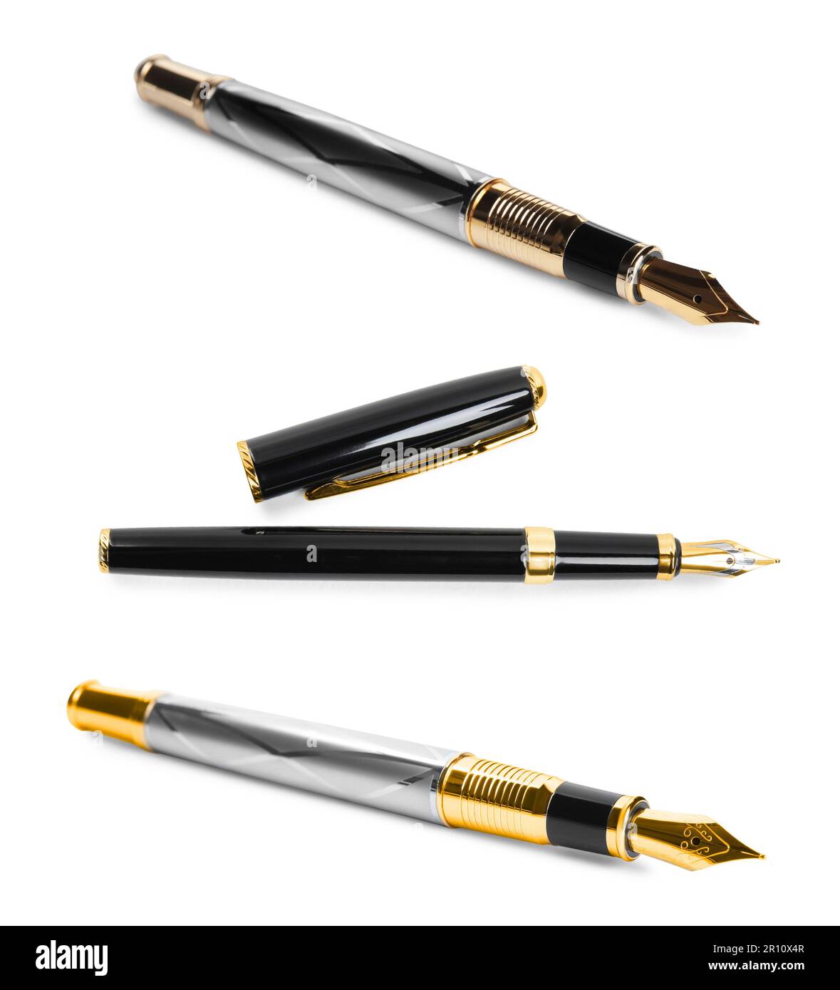 Set with different beautiful fountain pens on white background Stock ...