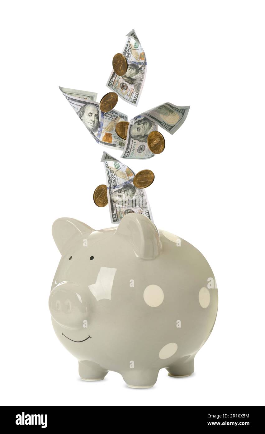 Money falling into grey piggy bank on white background Stock Photo - Alamy