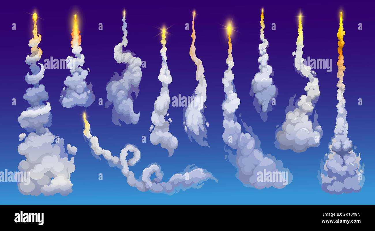 Cartoon rocket smoke trails, spaceship launch fire tail with clouds ...