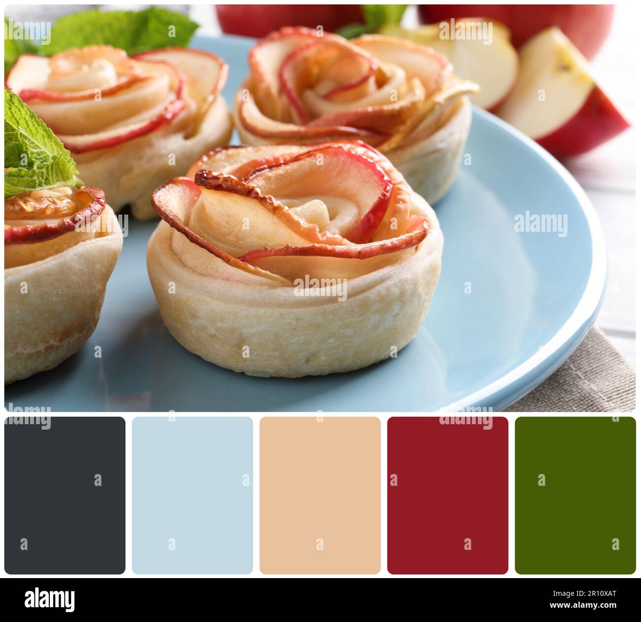 Freshly baked apple roses on plate and color palette. Collage Stock ...