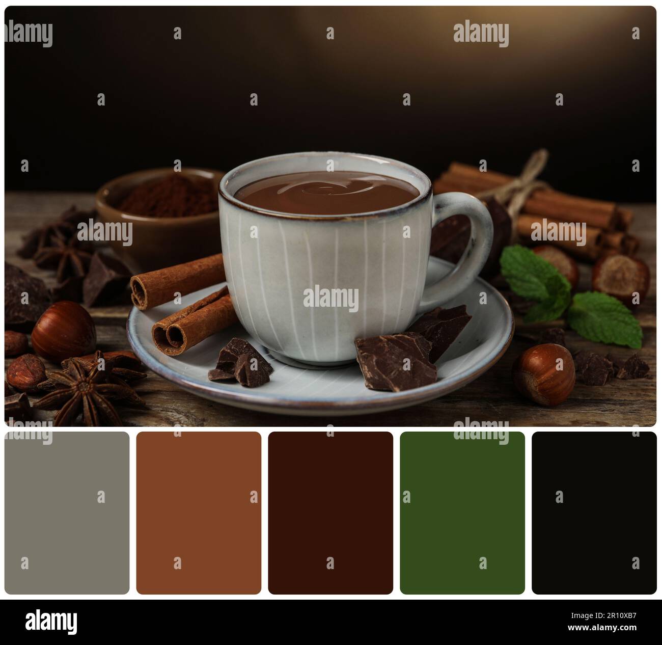 Composition with yummy hot chocolate in cup on wooden table and color ...