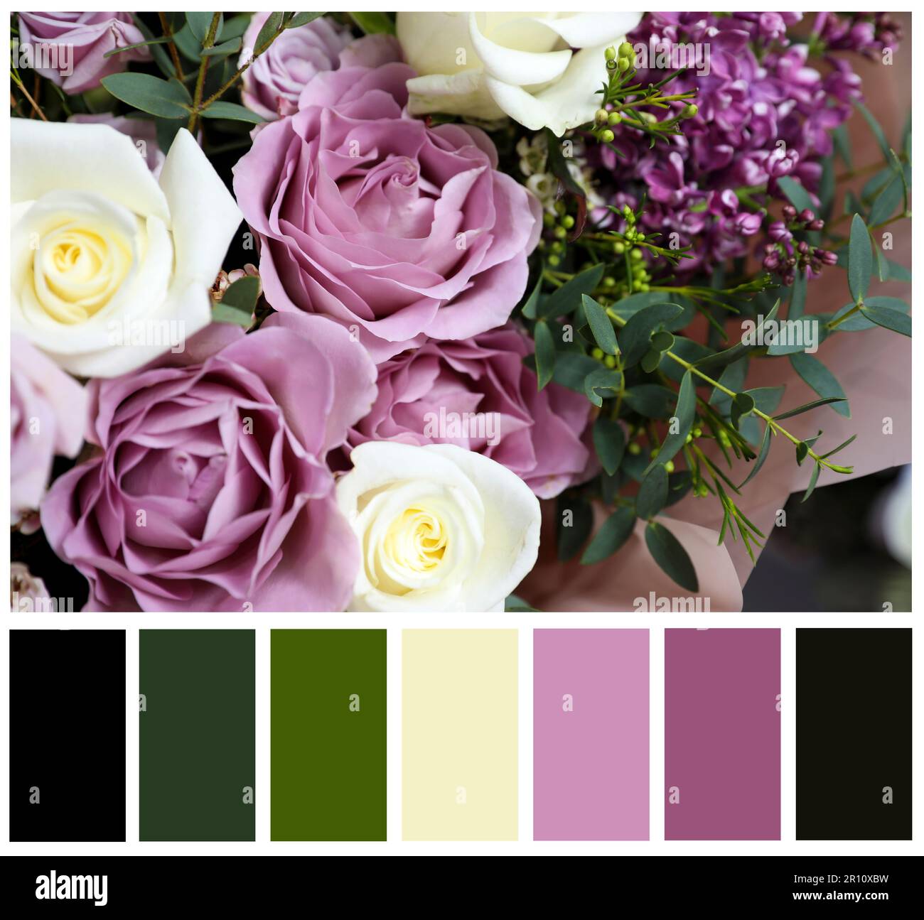 Beautiful fresh flowers and color palette. Collage Stock Photo - Alamy