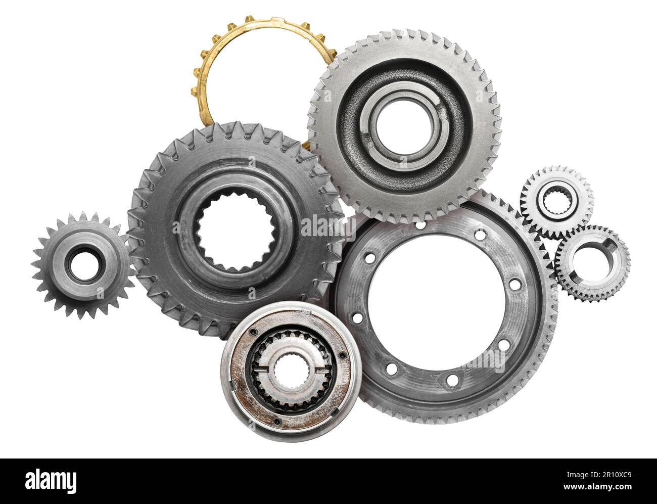 Set with different stainless steel gears on white background, top view ...