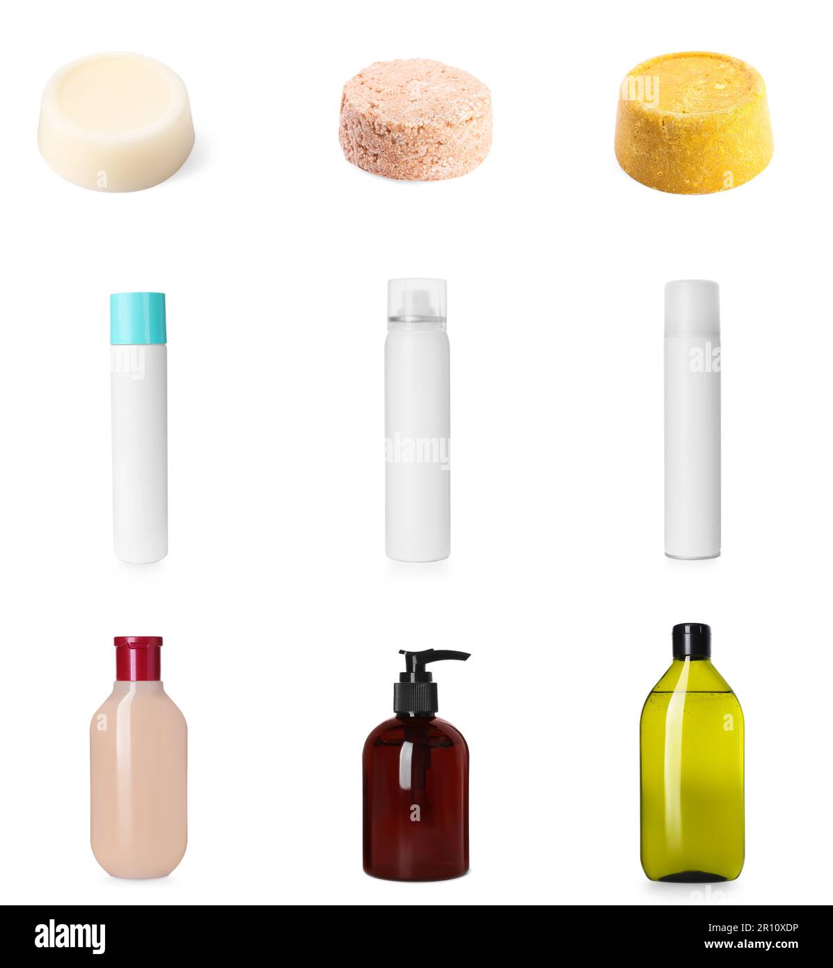 Set with different kinds of shampoo: ordinary, dry and solid on white ...