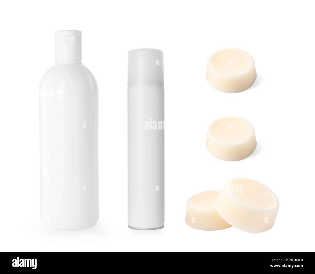 Set with different kinds of shampoo: ordinary, dry and solid on white ...
